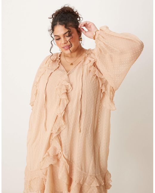 ASOS Asos Design Curve Dobby Chiffon Mini Dress With Ruffles & Blouson Sleeve in Natural | Lyst