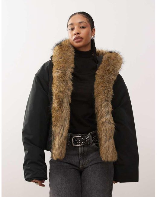 Weekday Oversized Faux Fur Jacket With Hood in Brown | Lyst UK