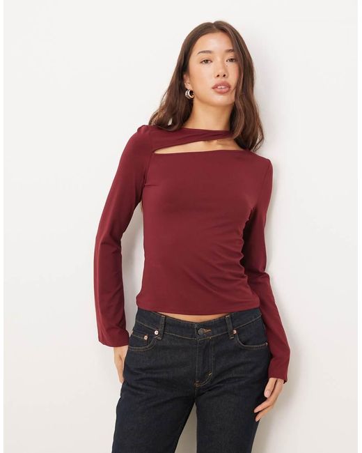 ASOS Cotton Touch Long Sleeve Top With Cut Out Detail Berry in Red ...