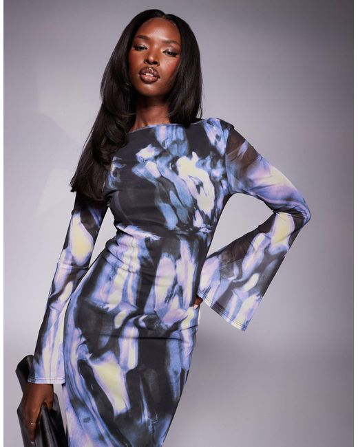 ASOS Low Back Floral Mesh Maxi Dress With Angel Sleeves in Blue | Lyst