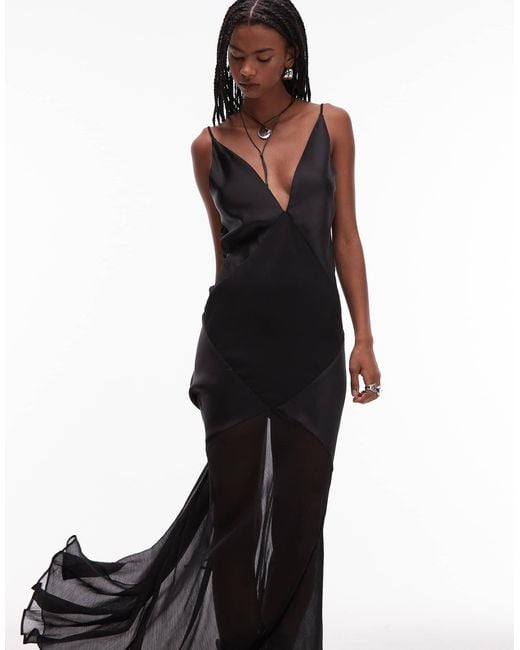 ASOS Satin Sheer Panel Maxi Slip Dress in Black | Lyst