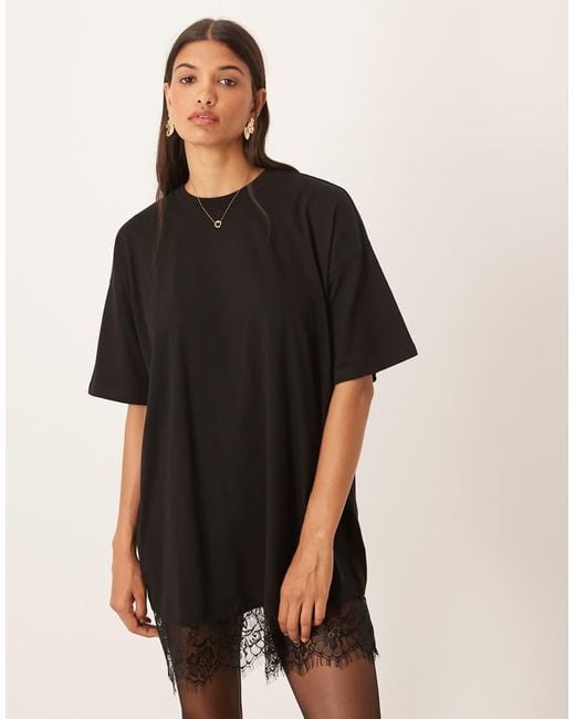ASOS Oversized Mini Dress With Lace Hem Trim in Natural | Lyst UK