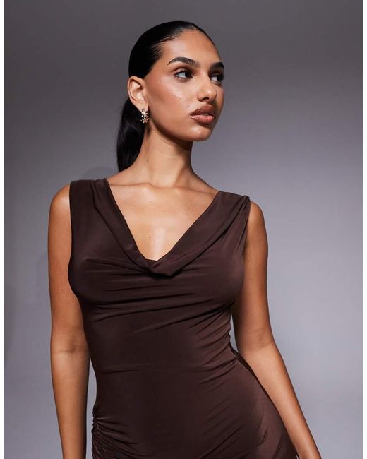 ASOS Cowl Neck Midi Dress With Ruched Skirt Detailing in Brown | Lyst UK