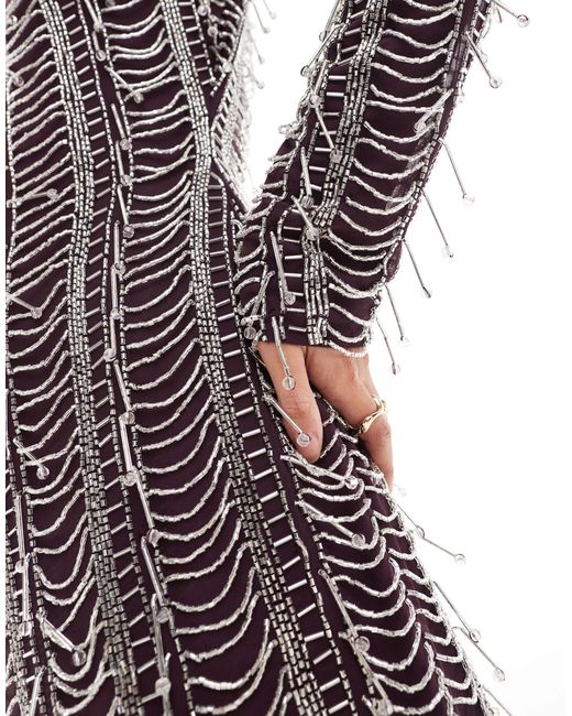 ASOS Allover Embellished Column Long Sleeve Maxi Dress in Purple | Lyst