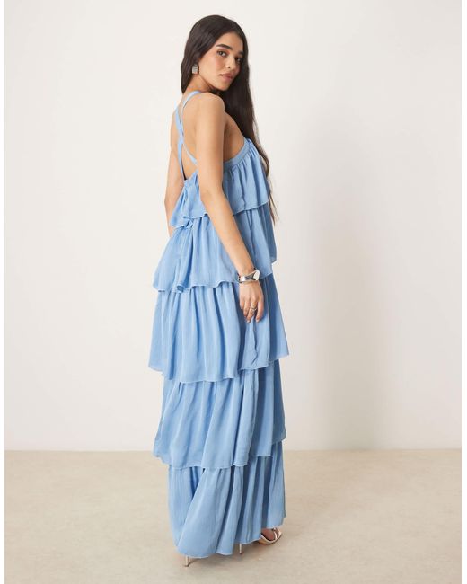 Vila Halter Neck Tiered Ruffle Maxi Dress in Blue | Lyst
