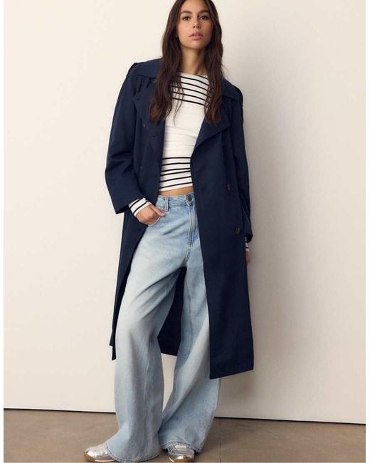 Stradivarius Long Flowing Trench Coat in Blue | Lyst UK