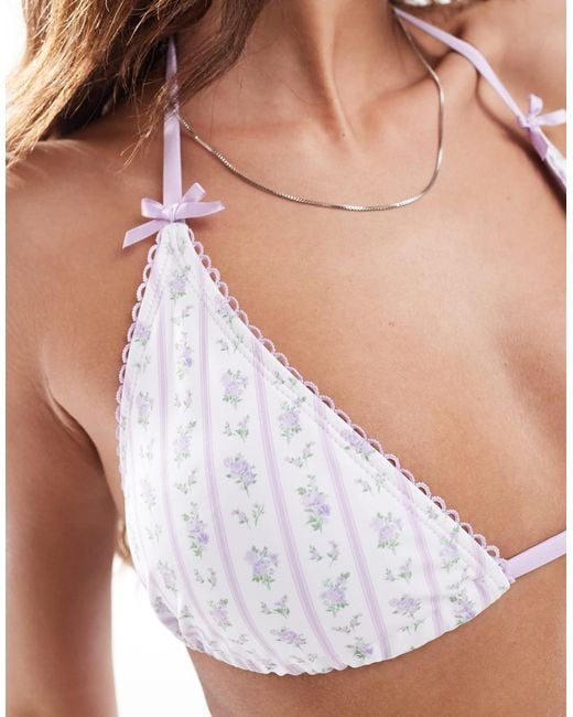 The Frolic Exclusive Triangle Halterneck Bow Trim Bikini Top Co-ord in White | Lyst
