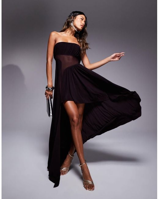 ASOS High-Low Ruched Bandeau Maxi Dress With Mesh Panels in Purple | Lyst