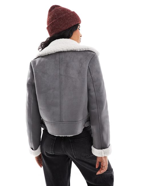 Stradivarius Borg Lined Avaitor Jacket in Gray | Lyst