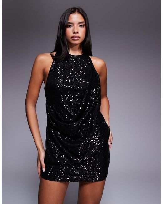 ASOS All Over Sequin Cowl Mini Dress in Black | Lyst UK