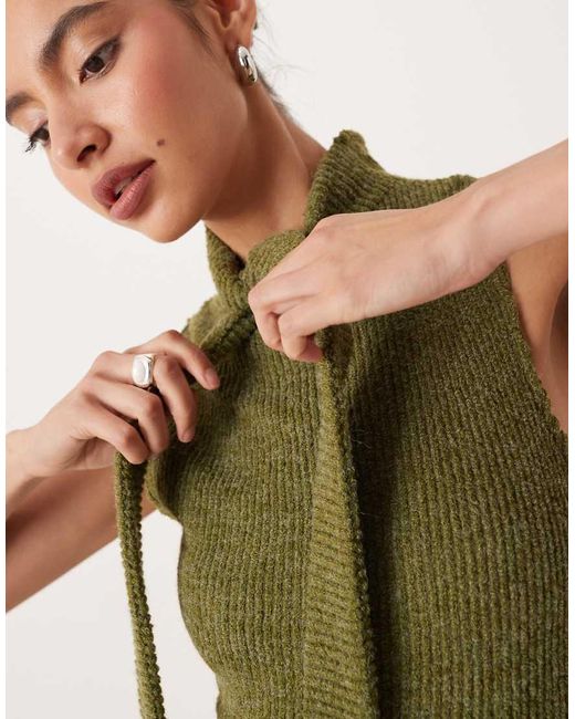ASOS Ribbed Tie Neck Dress in Green | Lyst UK