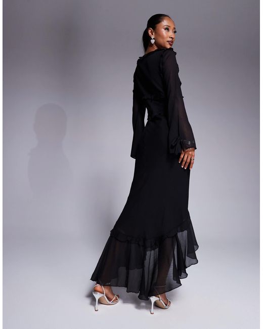 ASOS Tie Front Ruffle Midaxi Dress With High Low Hem in Blue | Lyst