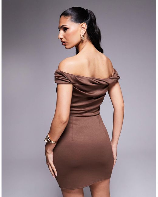 ASOS Structured Twist Bardot Bodycon Mini Dress in Brown | Lyst