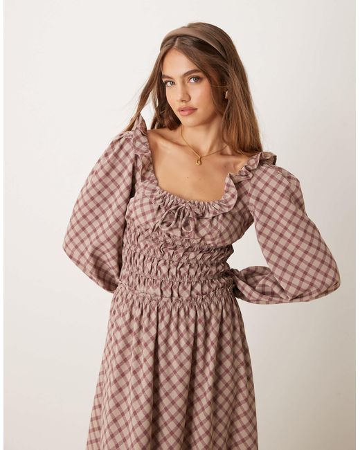 Glamorous Tie Front Square Neck Volume Sleeve Maxi Dress With Shirring And Bow in Natural | Lyst