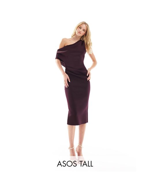 Asos Asos Design Tall Fallen Shoulder Pleat Midi Dress In Purple Lyst