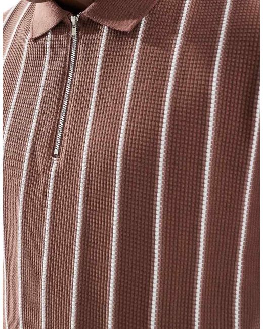 ASOS Relaxed Boxy Striped Half Zip Polo Shirt in Brown for Men | Lyst UK