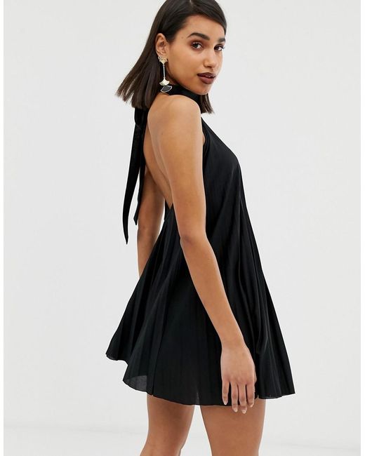 ASOS Denim Backless Halter Pleated Mini Dress in Black - Lyst