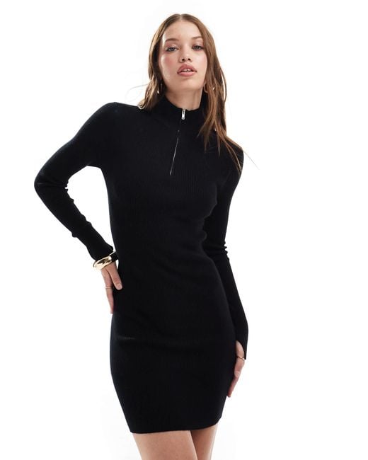 Miss Selfridge Rib Knit Half Zip Collar Detail Mini Dress in Black | Lyst