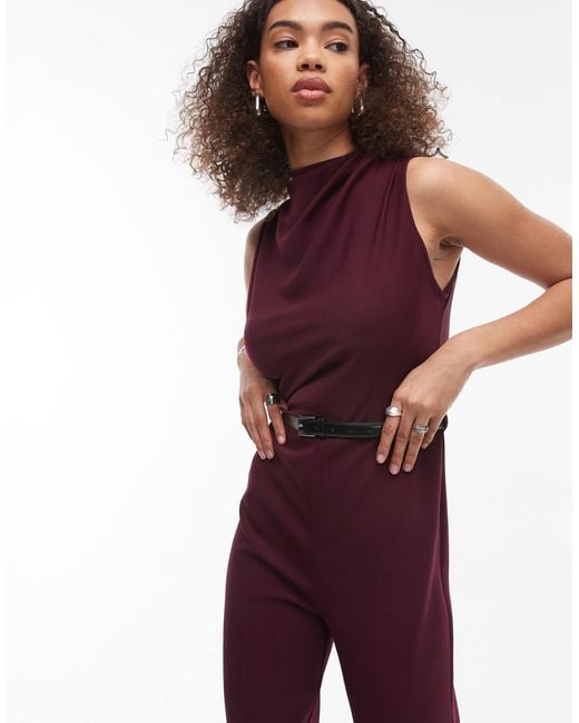Mango High Neck Belted Jumpsuit in Red | Lyst