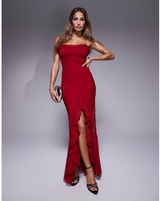 ASOS Ruffle Edge Corset High Low Midaxi Dress With Cross Back in Red ...