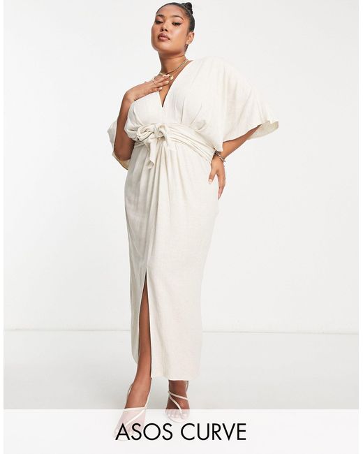 Asos Asos Design Curve Batwing Tie Front Linen Midi Dress In Natural