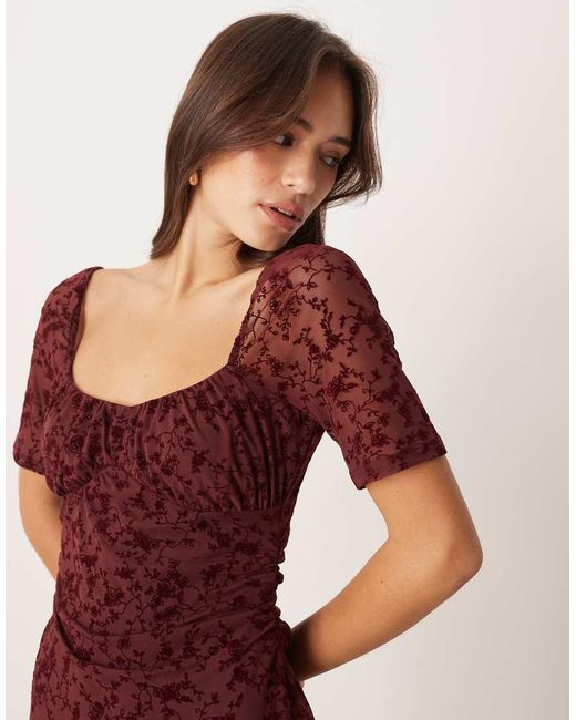 ASOS Lace Devore Puff Sleeve Midi Tea Dress in Red | Lyst UK