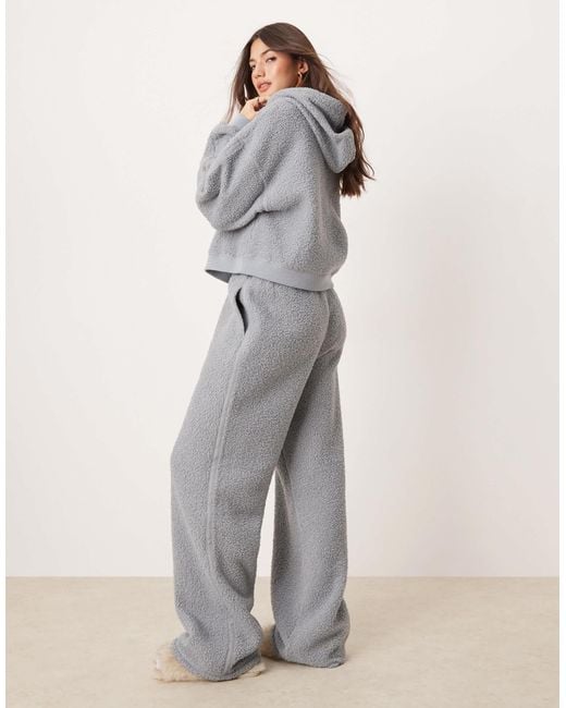 ASOS Lounge Borg Cropped Hoodie & Wide Leg Trackies Set in Gray | Lyst