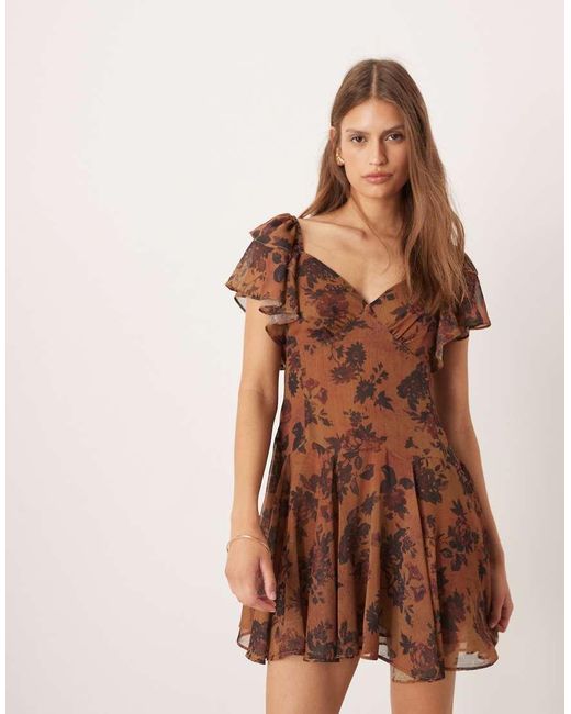 ASOS Chiffon Mini Tea Dress With Ruffle Hem in Brown | Lyst UK