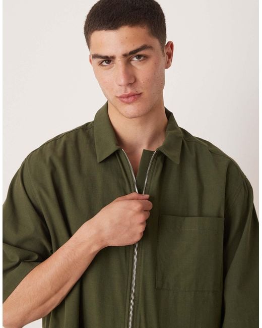 ASOS Oversized Boxy Zip Through Shirt in Green for Men | Lyst