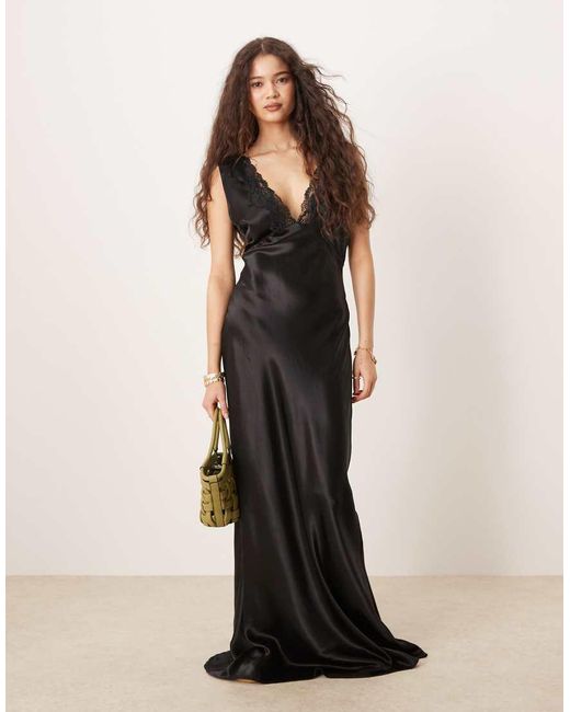 Vrg Grl Tully Lace Edge Satin Maxi Dress in Black | Lyst UK