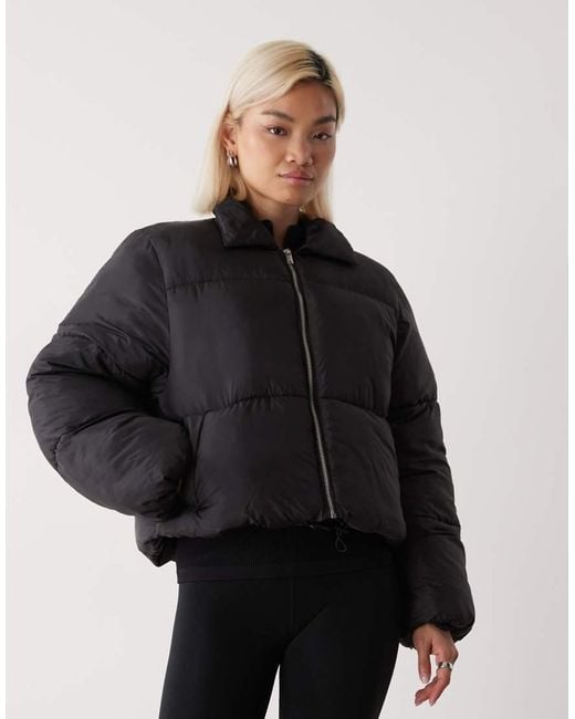 Monki Cropped Puffer Jacket With Collar Detail in Black | Lyst UK
