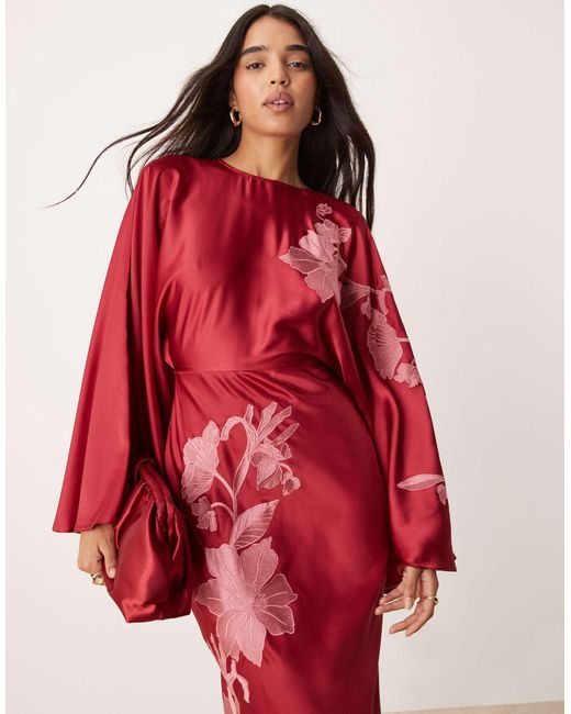 ASOS exaggerated Sleeve Embroidered Satin Bias Maxi Dress | Lyst