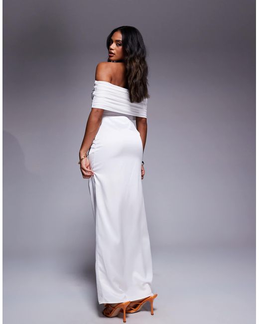 Aria Cove Satin Off The Shoulder Sheer Panel Drape Detail Fishtail Maxi Dress in White | Lyst