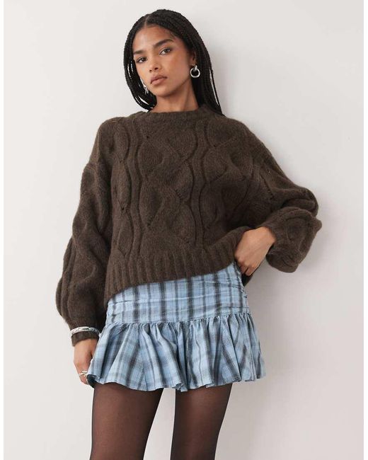 Monki Boxy Cropped Cable Knit Jumper in Brown | Lyst UK