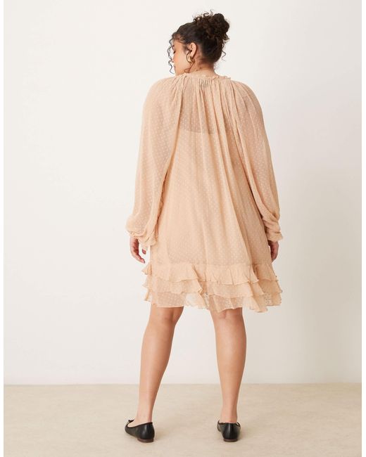 ASOS Asos Design Curve Dobby Chiffon Mini Dress With Ruffles & Blouson Sleeve in Natural | Lyst