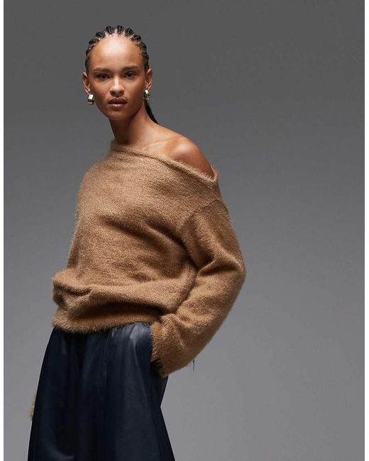 ASOS Fluffy Knitted One Shoulder Jumper With Cinched Waist in Grey ...