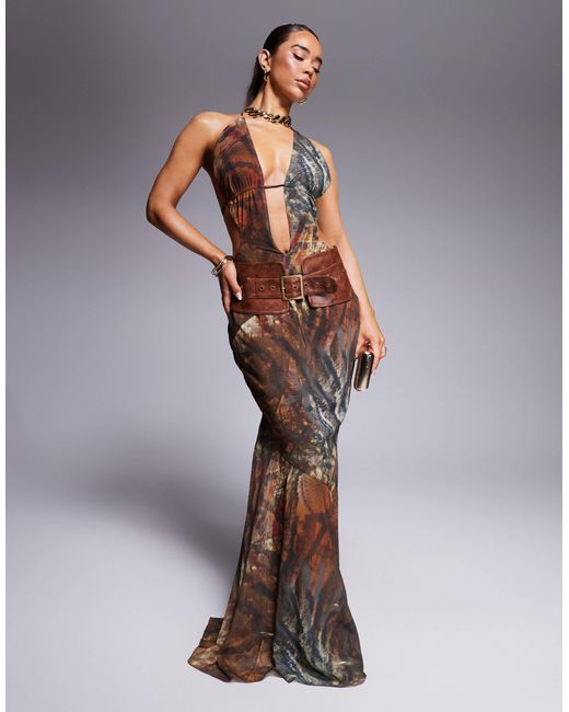 Murci Exclusive Halterneck Deep Plunge Maxi Dress With Leather Look ...