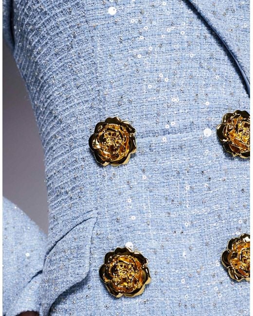 Lavish Alice Boucle Oversized Rose Button Blazer Mini Dress in Blue | Lyst