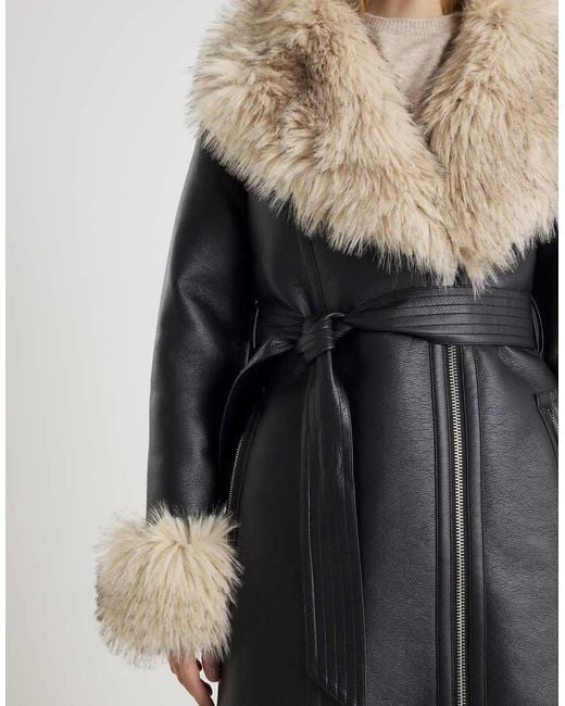 River Island Faux Shearling Lined Trench Coat in Black | Lyst UK