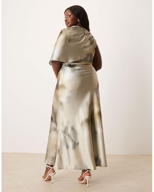 ASOS Asos Design Curve Satin Maxi Dress With Slashed Neck Cape Detail in Natural | Lyst