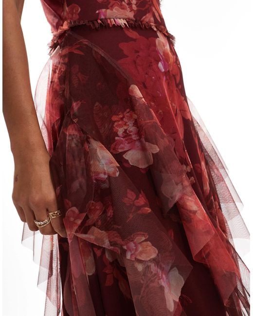 LACE & BEADS Ruffle Midaxi Tulle Dress in Red | Lyst