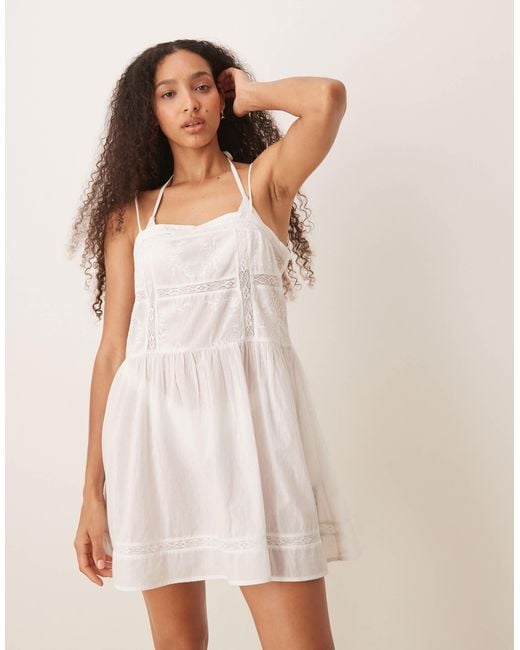 ASOS Sheer Embroidered Drop Waist Mini Beach Dress in Natural | Lyst