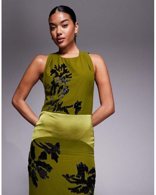 ASOS Shadow Floral Embellished Satin Panel Maxi Dress in Green | Lyst UK