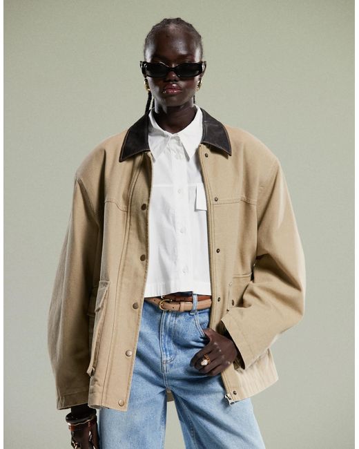ASOS Oversized Washed Barn Jacket With Leather Look Collar in Natural ...