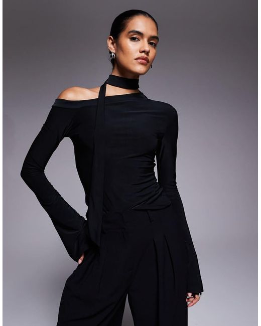 ASOS Slinky Scarf Neck Off The Shoulder Top in Black | Lyst UK