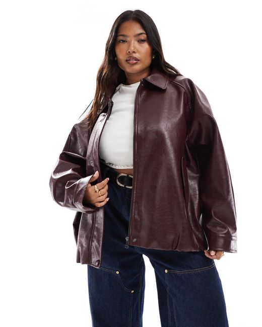 ASOS Asos Design Curve Leather-look Oversized Bomber Jacket in Red | Lyst