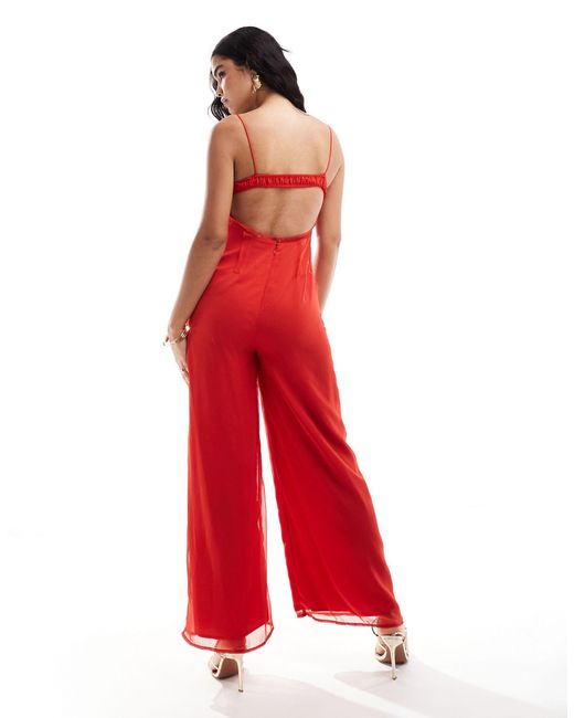 ASOS Raw Edge Corset Panelled Jumpsuit With Cut Out in Red | Lyst