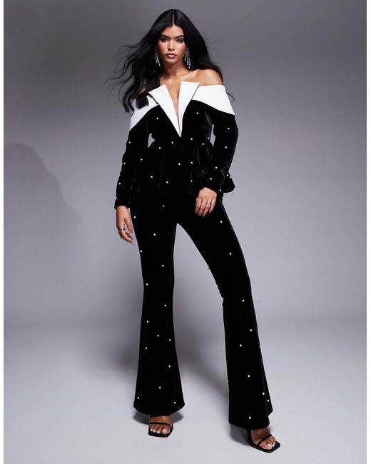 ASOS Pearl Embellished Velvet Co-ord Off Shoulder Tailored Blazer in Black | Lyst