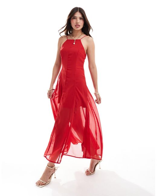 ASOS Square Neck Cami Midi Dress With Godets In in Red | Lyst