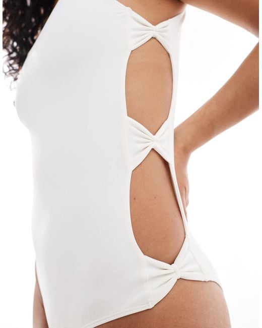 Monki Mix And Match Cut Out Swimsuit With Bow Details in White | Lyst